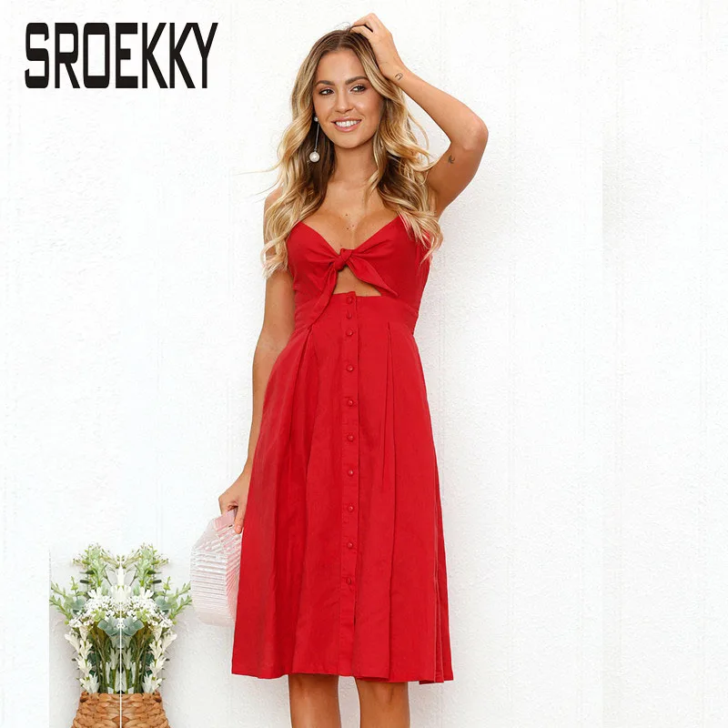 Sexy Bow V Neck Backless Beach Dress Women Fashion Single Breasted Long