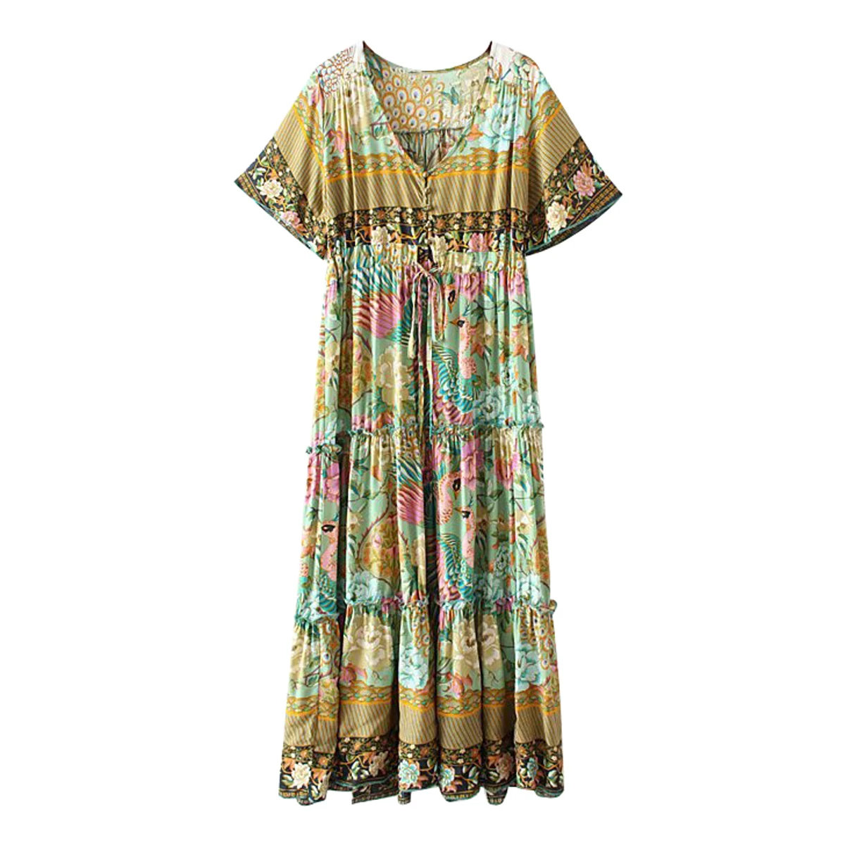 Jastie Bohemian Peacock Print Dress V Neck Short Sleeve Summer Dresses