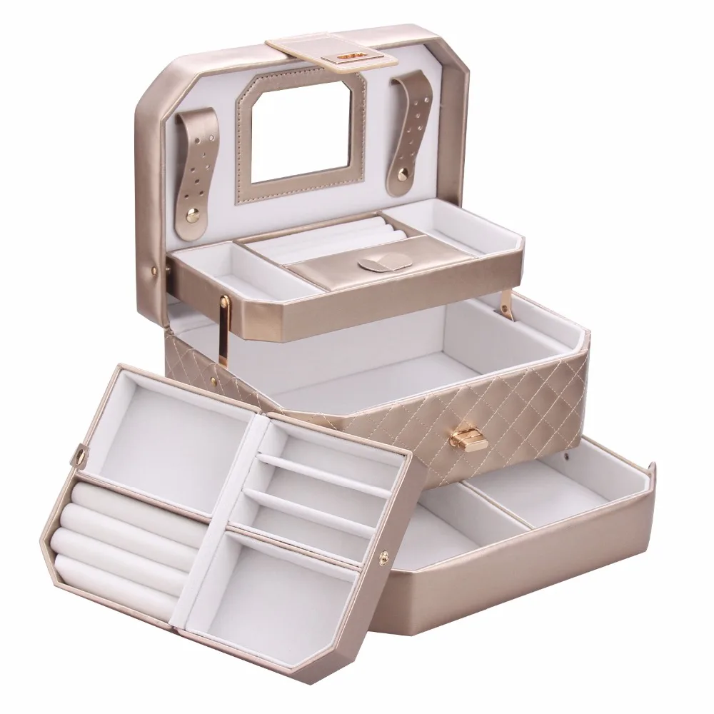 Large Jewelry Box Golden Travel Case Pu Leather Organizer Girl Portable 3 Layers Jewellery Case