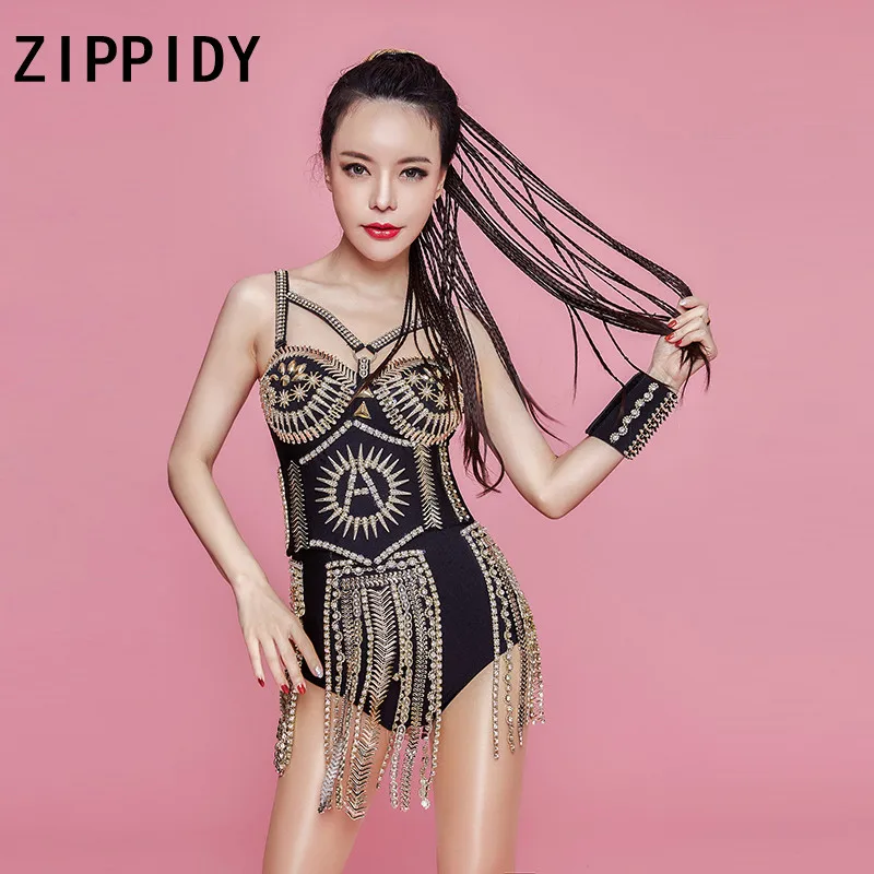 Sparkly Rhinestones Tassel Black Bodysuit Waistband Sexy Outfit