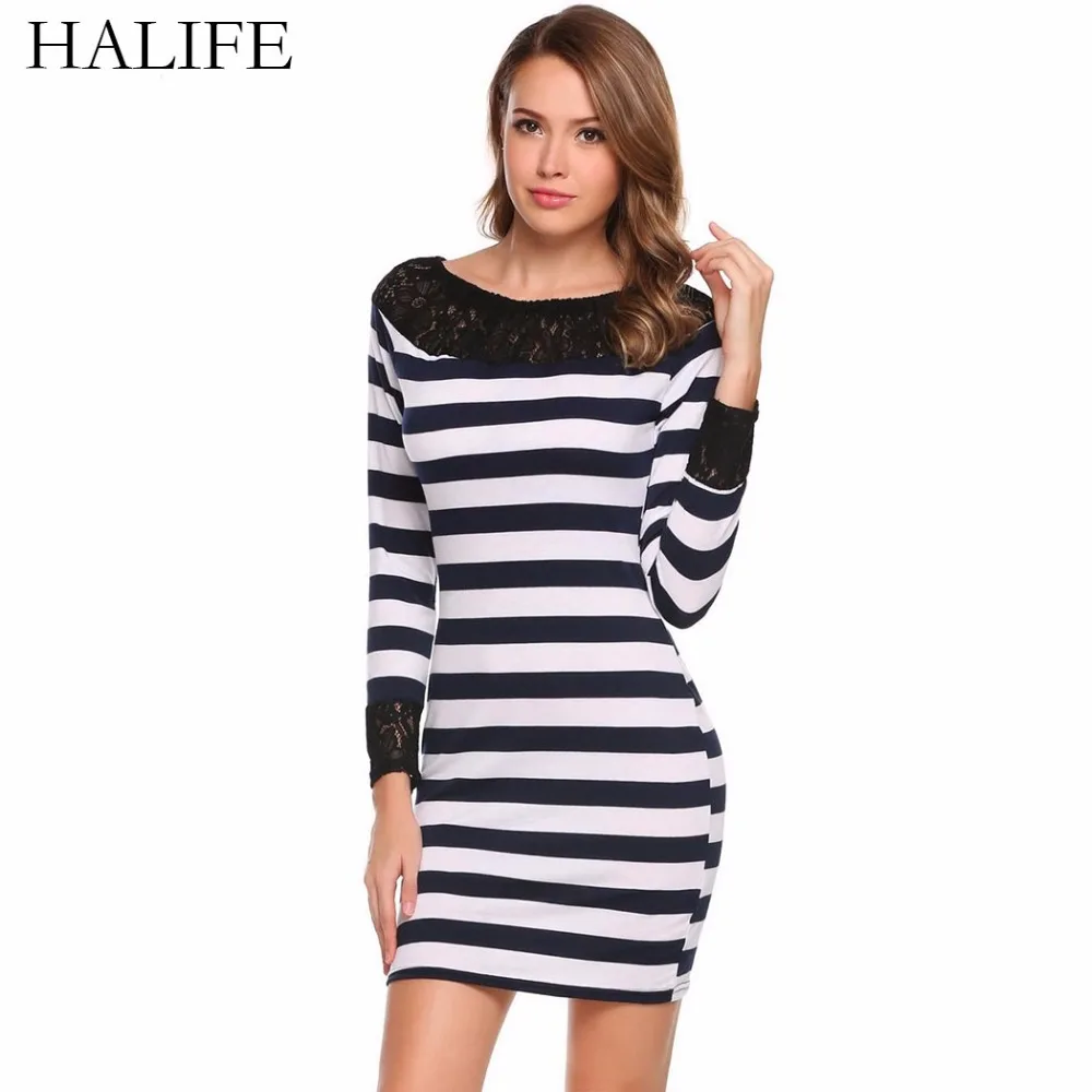 Halife Listrado Vestido De Manga Longa Outono Mulheres Casuais Oco