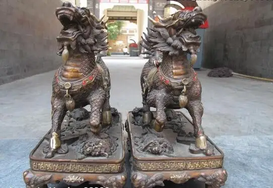 China Red Bronze Evil Foo Dog Lion kylin Lucky Feng shui beast God ...