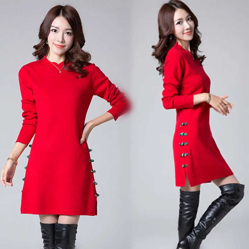 Autumn Winter Chinese Style Women Floral Buttons Red Knitted Sweater ...
