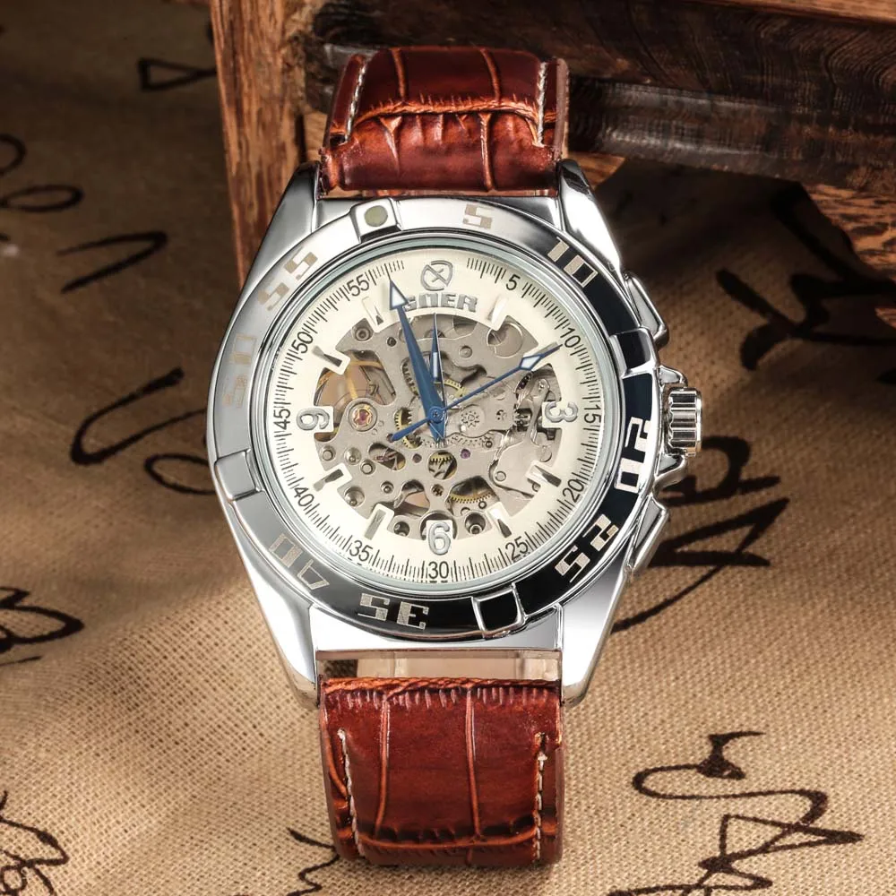 럭셔리 브랜드 남성 시계 가죽 스트랩 자동 기계 해골 시계 패션 남자 손목 시계 relogio masculino GOER ...