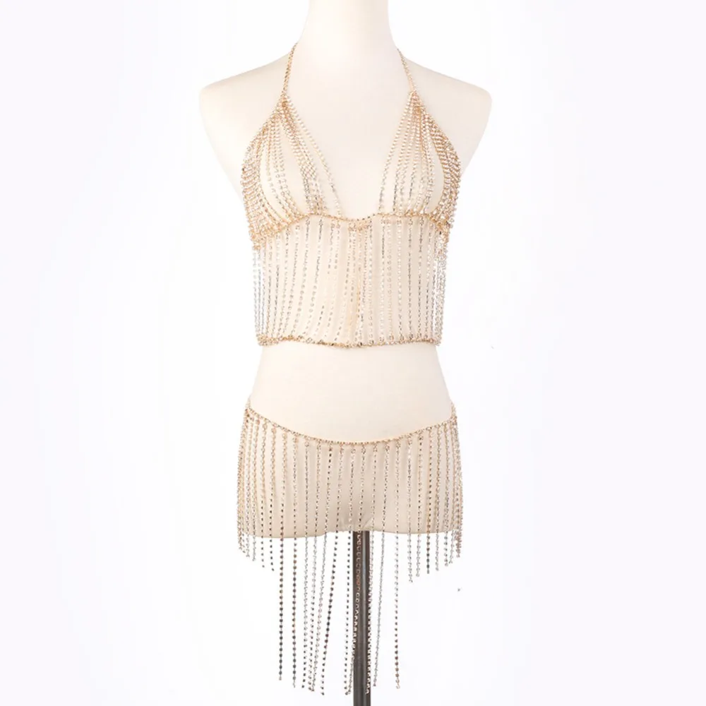1 Set Sexy Exclusive Crystal Gold Tassel Bra Bikini Body Chain Metal