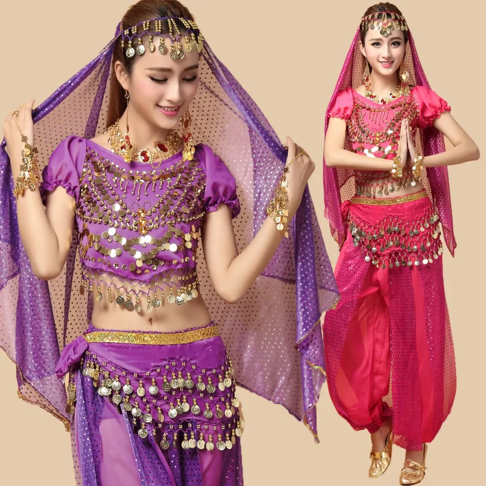Indian Belly Dance Costumes 7pcs Set Pant Top Belt Veil Headwear