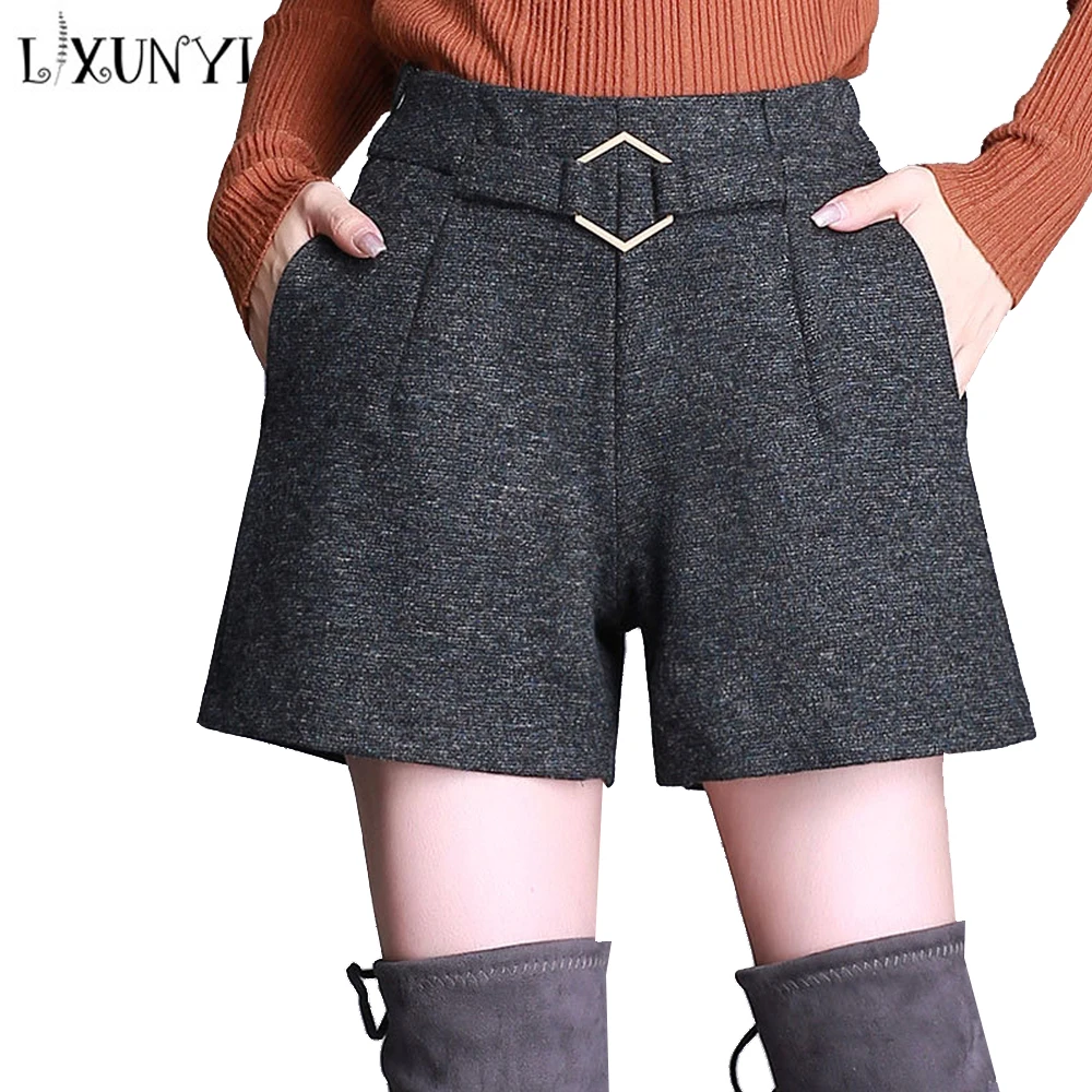 LXUNYI 2019 Autumn Woolen Shorts Women Elastic Waist High Waist Wide ...