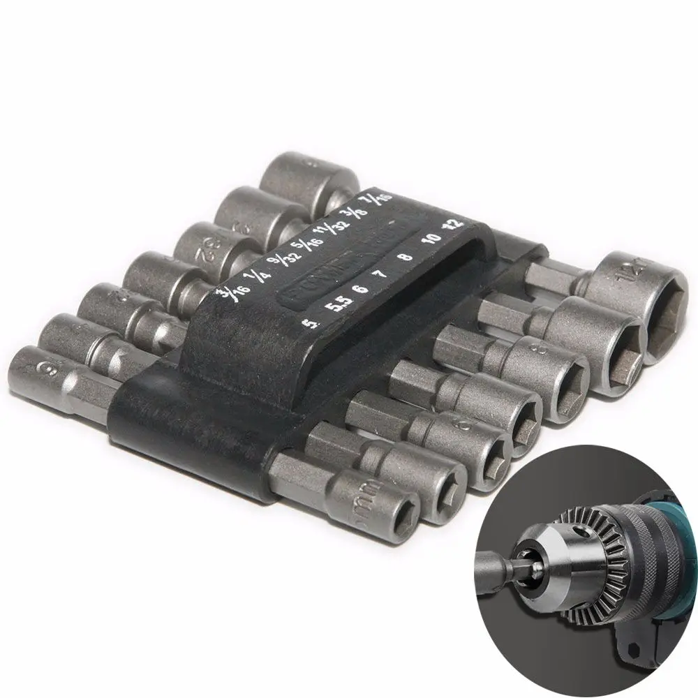 14pcs Power Nut Driver Set Black Case Dual Metric & Standard 1/4" Shank ...