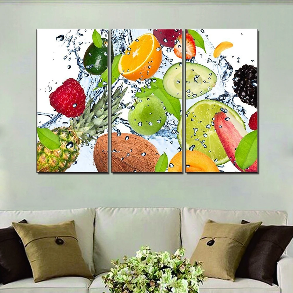 Colorful Various Fruit With Splash Water Wall Art Canvas Painting Food ...