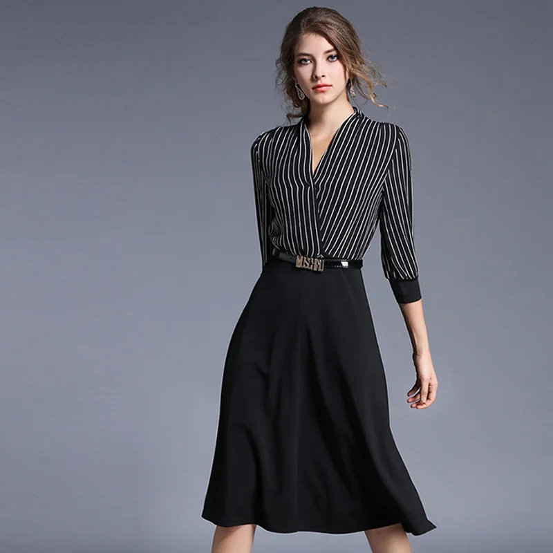 Women Vintage Slim Vertical Stripe Dress Seven Sleeve Knee Length Dress ...
