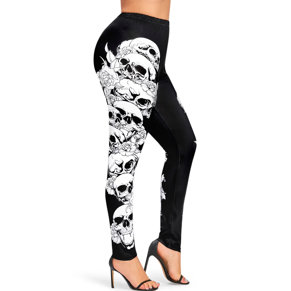 Leggings Women Plus Size Halloween Monochrome Skulls Print Fitness