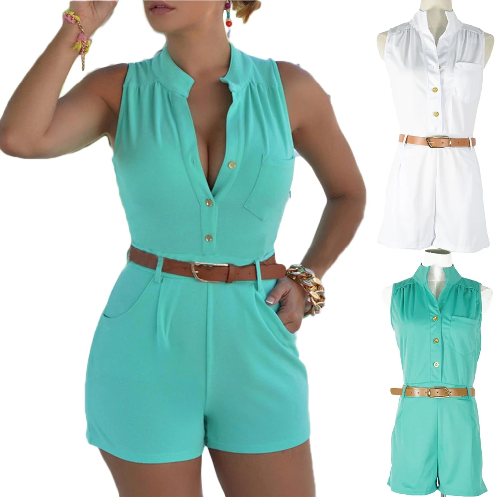 Summer Spring Jumpsuit Stand Neck Sleeveless Button With Pocket Belt Sexy Women Clubwear Rompers