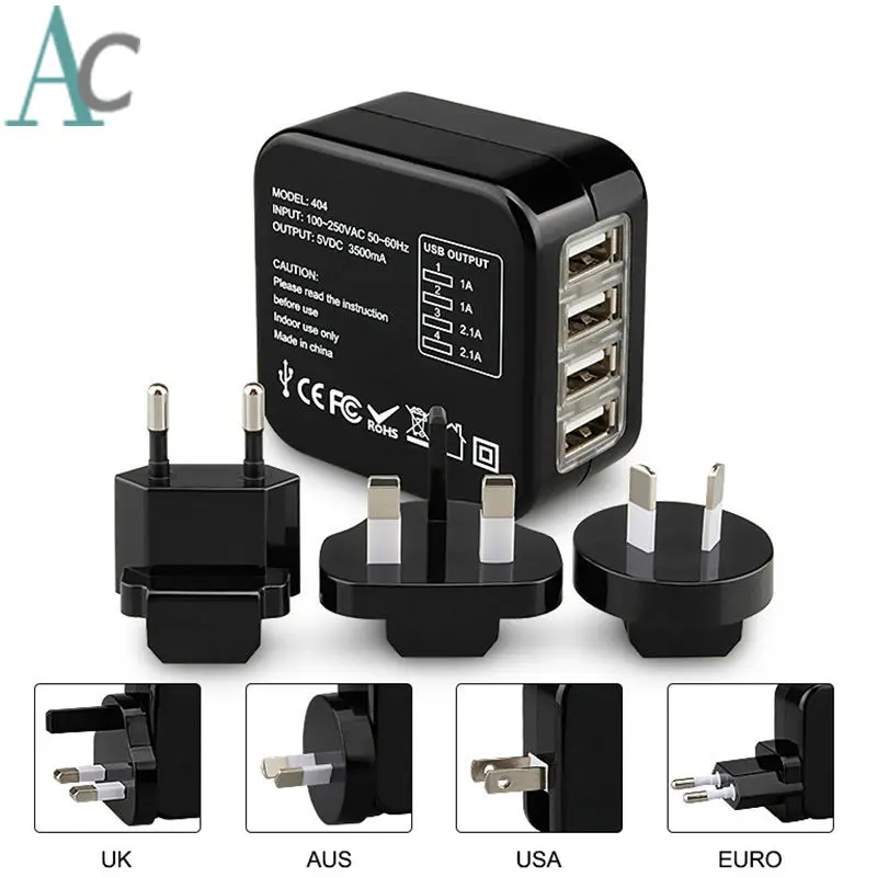 Universal Adapter 4 USB Port Travel Charger USB Socket World Travel AC ...