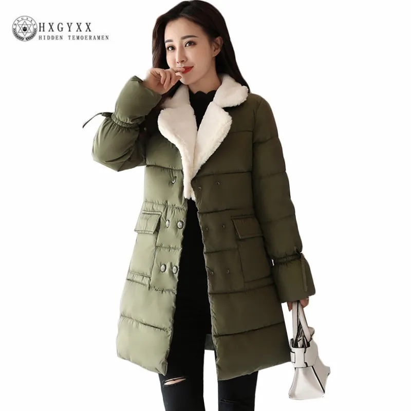 2019 Winter Jacket Women Long Cotton Padded Coat Lambwool Turn Down