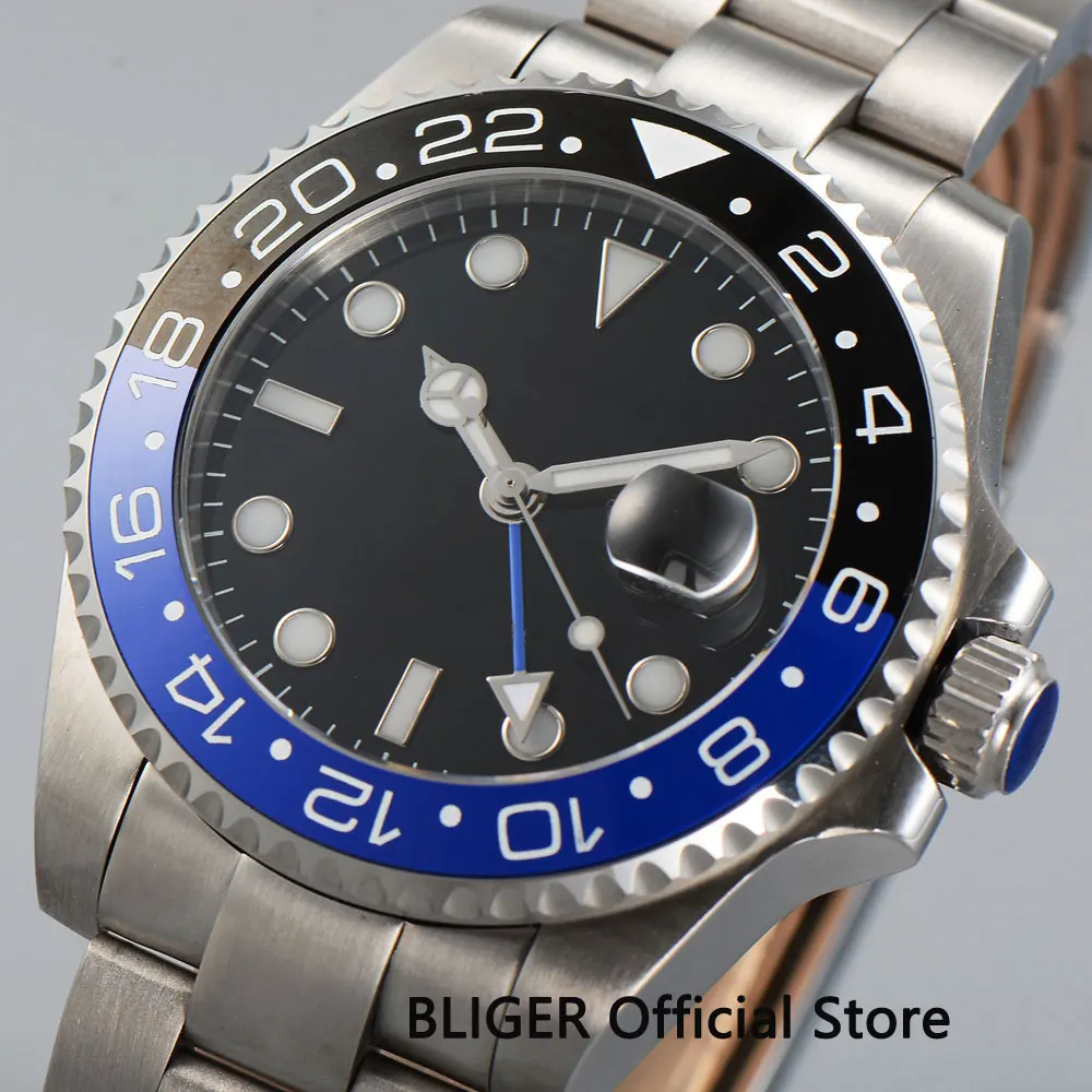 Bliger 43mm Black Sterile Big Dial Blue Black Stainless Steel Strap ...