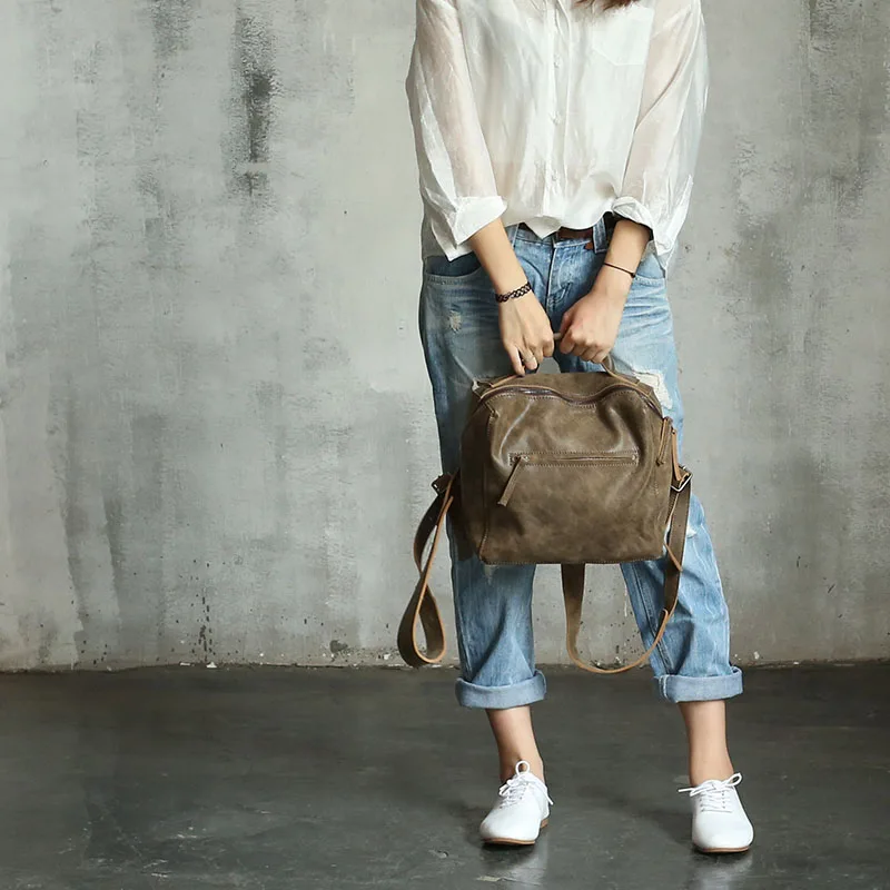 Vendange original female bag Vintage leather backpack female simple box ...