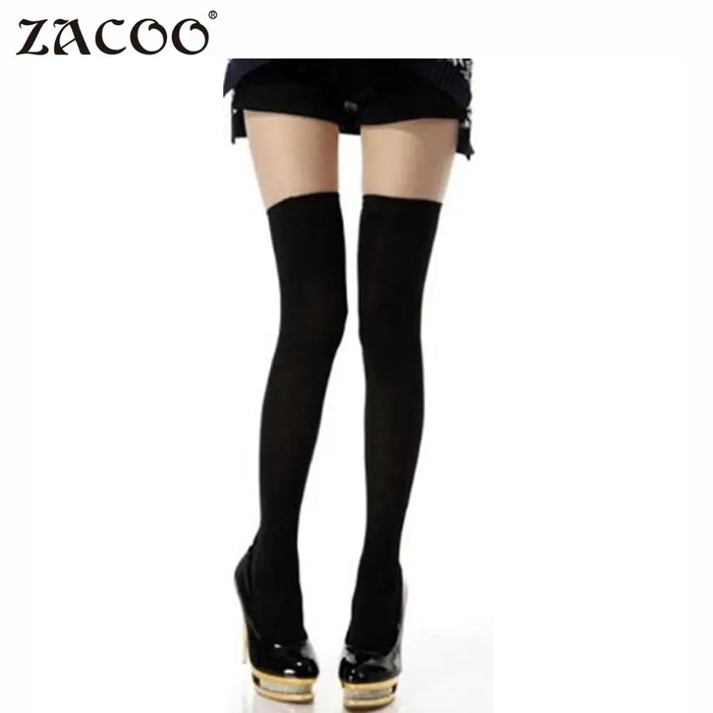 Zacoo Womens Cotton Long Female Solid Black Casual Slim Thigh Tigh Stocking Leg Sexy Fashion