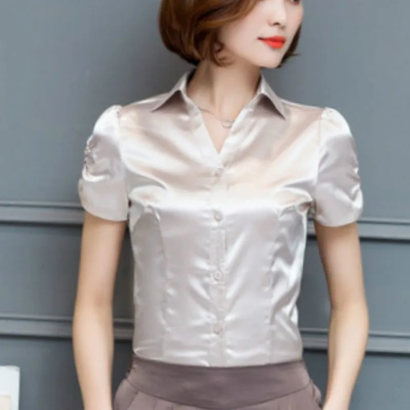 Buy 2017 Summer V Neck Short Sleeve Chiffon Satin