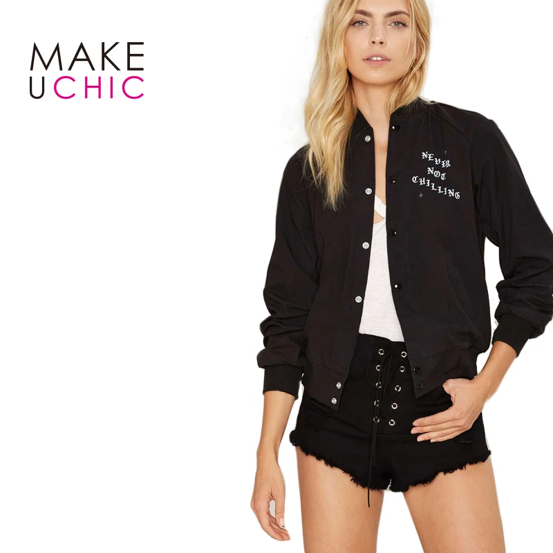 Makeuchic Apparel Black Women Jacket Casual Letter Printed Single
