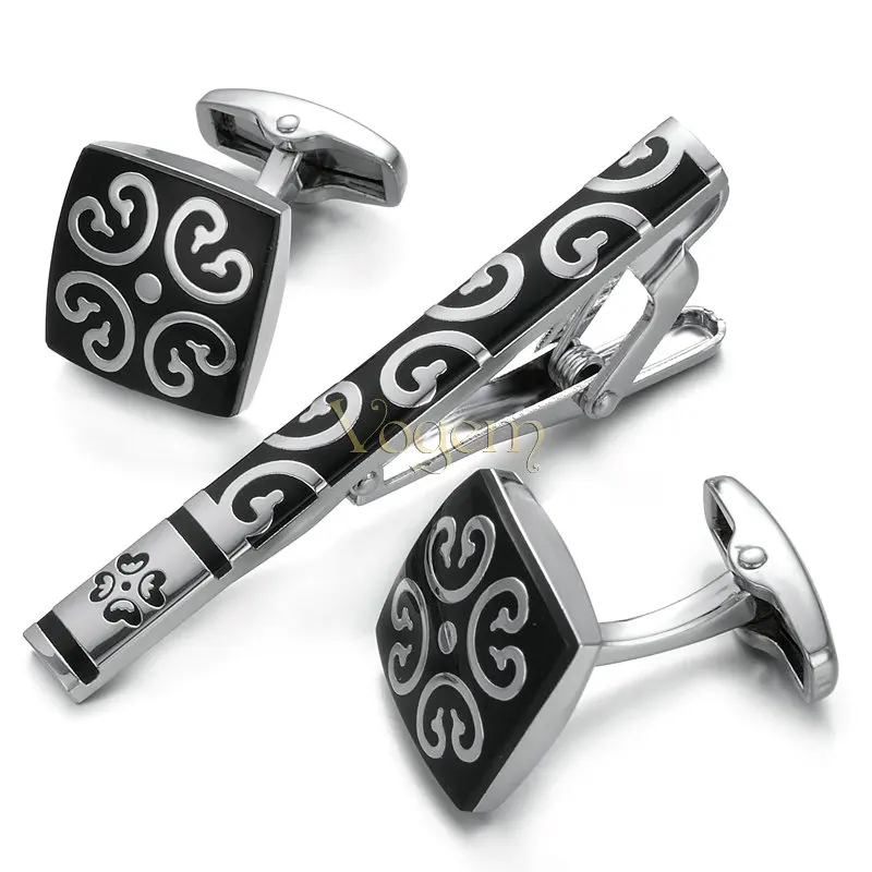 VOGEM Black Enamel Square Cufflinks Tie Clips Set Silver Black Stripe ...
