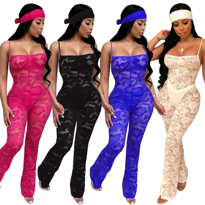 Women Lace Sling Stretchy Jumpsuit Hollow Out Jumpsuit Ankle Length