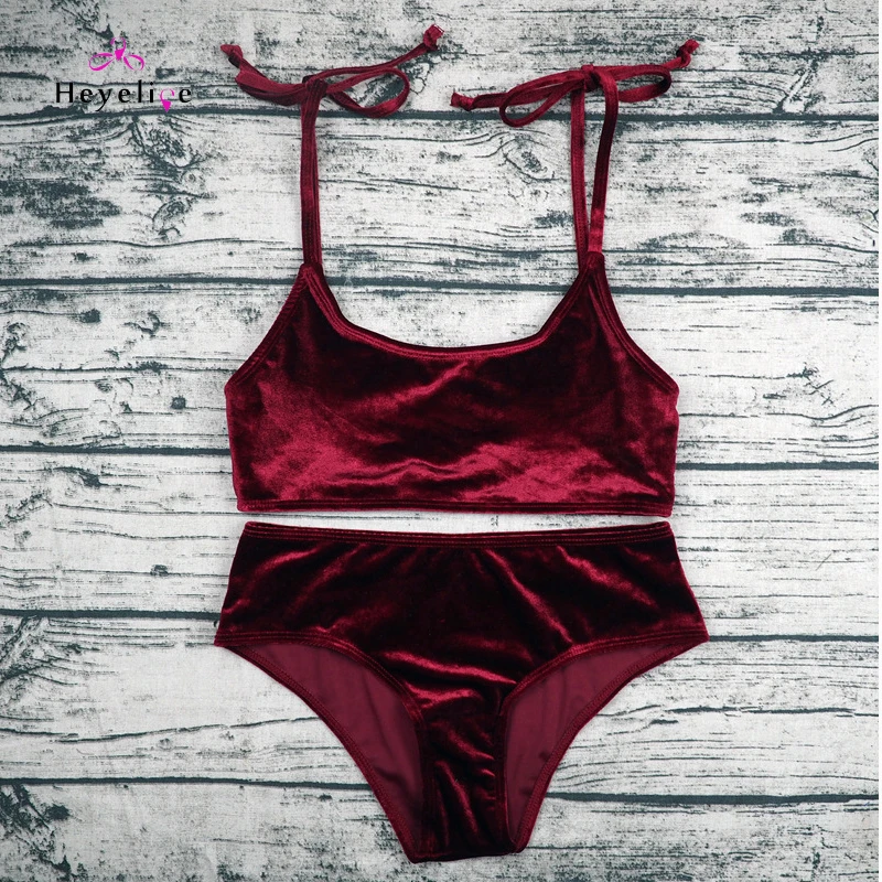 New Brand Design Velvet Bikinis Swimwear Women Top Tied Velvet Swim