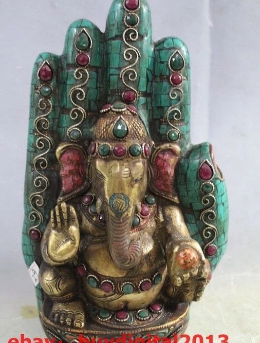 Tibet Buddhism Temple Bronze inlay Turquoise Gem elephant mammon Buddha ...