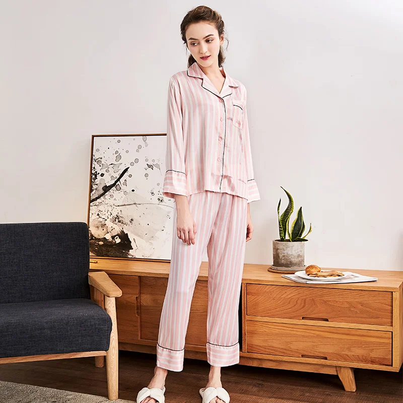 Luxury Striped Women Sleepwear Spring Autumn Lounge Pajamas Set 2 Piece ...