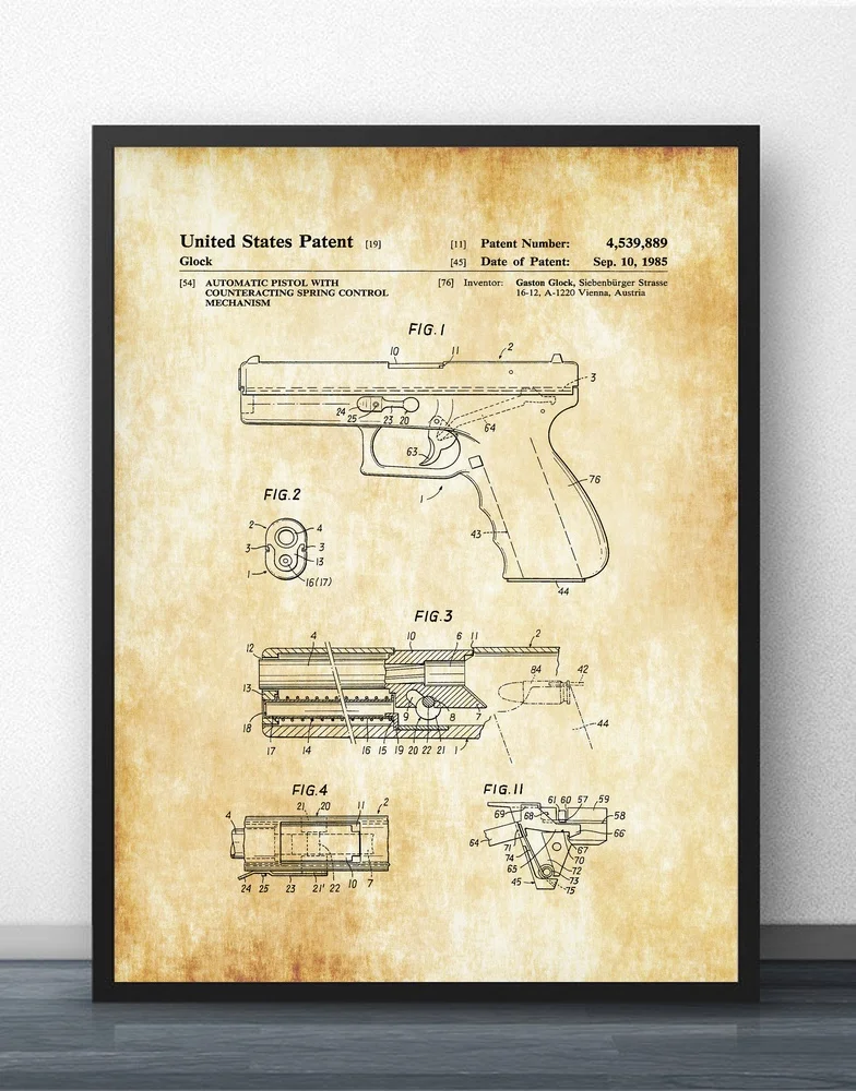 Glock Pistol Patent 1985 Blueprint Wall Art Paint Wall Decor Canvas ...