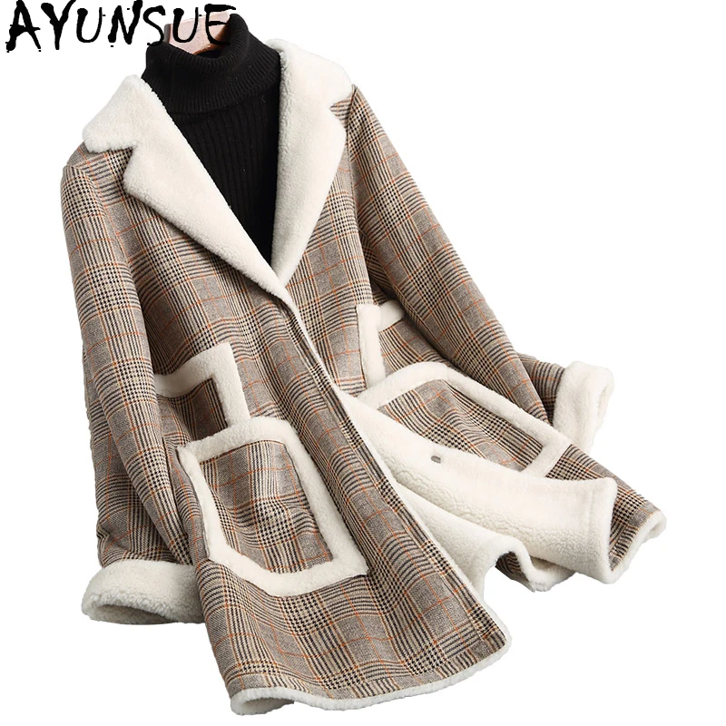 Ayunsue Fashion Plaid Real Lamb Fur Jacket Thick Wool Coat Women Medium