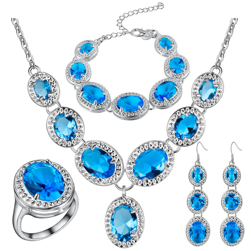 Hyperbole Sea blue Cubic Zirconia 925 Sterling Silver Jewelry Set For ...