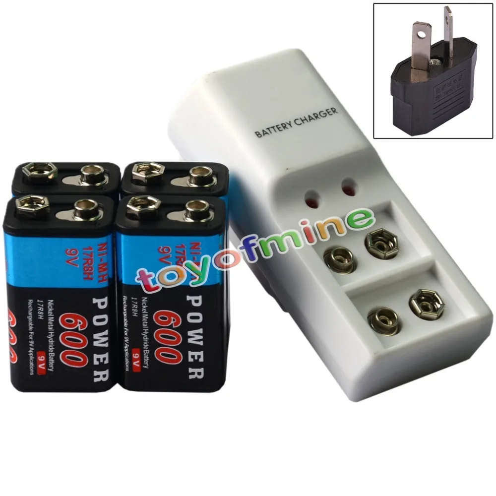 4 pces 9 v power black 600 mah ni mh bateria recarregável + baterias ...