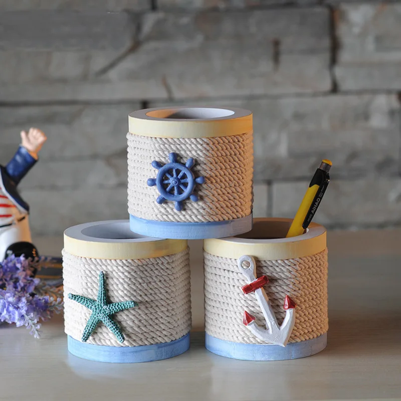 Ocean 6 styles wooden/hemp rope Pencil Vase Wood Pen Container Office ...