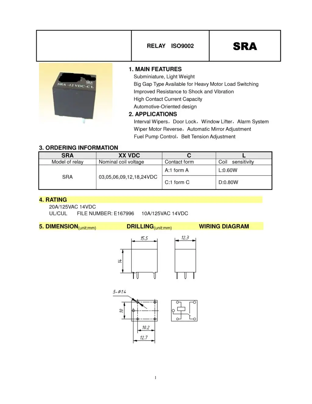 SRA-12V DC-CL 20A power relay - Pixel Electric Company Limited.