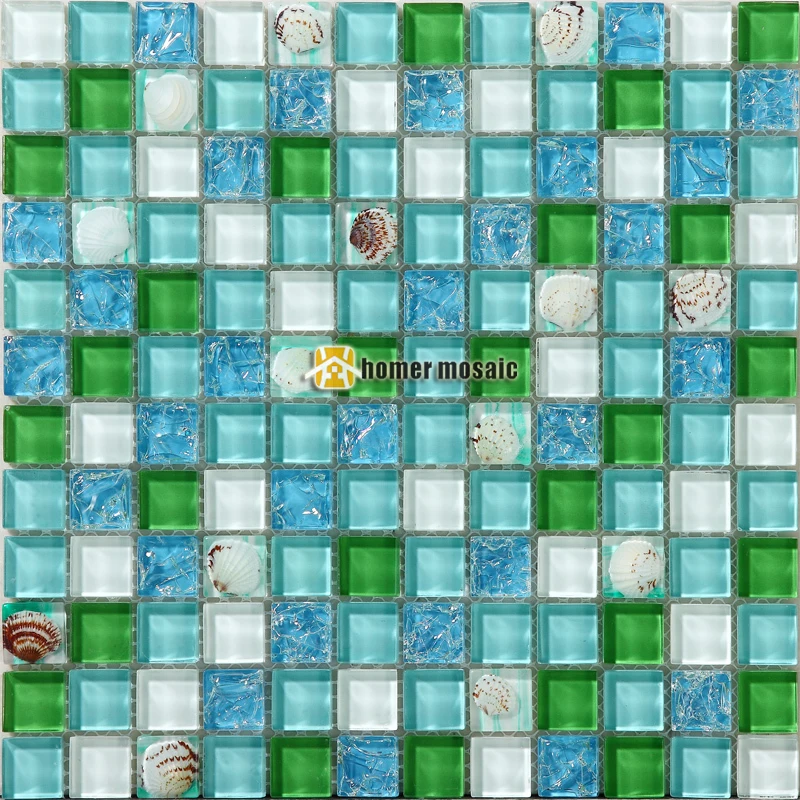 green blue crystal glass mixed sea shell mosaic tiles EHGM1053B for ...