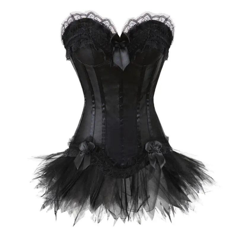 Women Sexy Burlesque Overbust Corset Bustier Top With Mini Tutu Skirt
