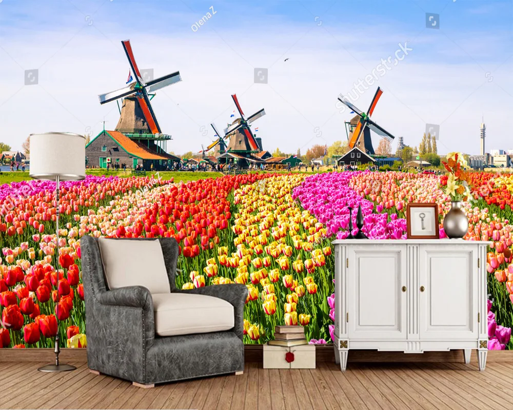 Custom landscape wallpaper, Dutch windmill and tulip murals for living ...