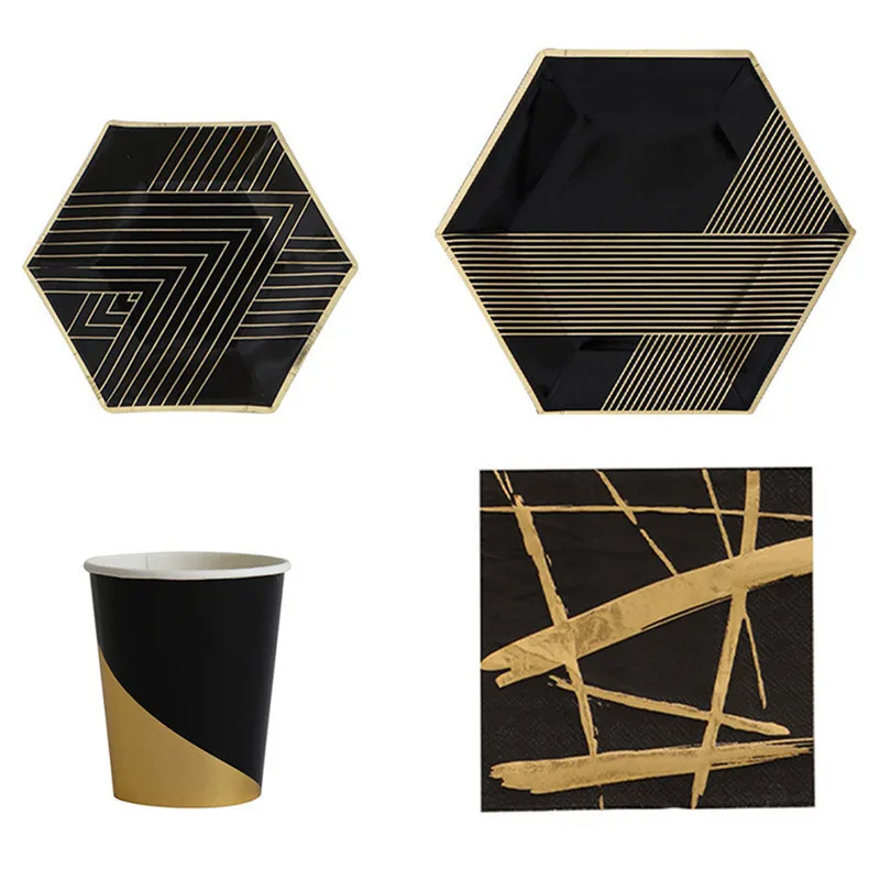 Black Type High End Gold Blocking Disposable Tableware Set Paper Plates Black Type High End Gold Blocking Disposable Tableware Set Paper Plates