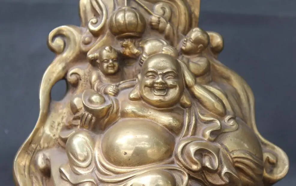 18" Chinese Bronze Gold Fu Wealth Happy Laugh Maitreya Buddha & 5 Kids ...