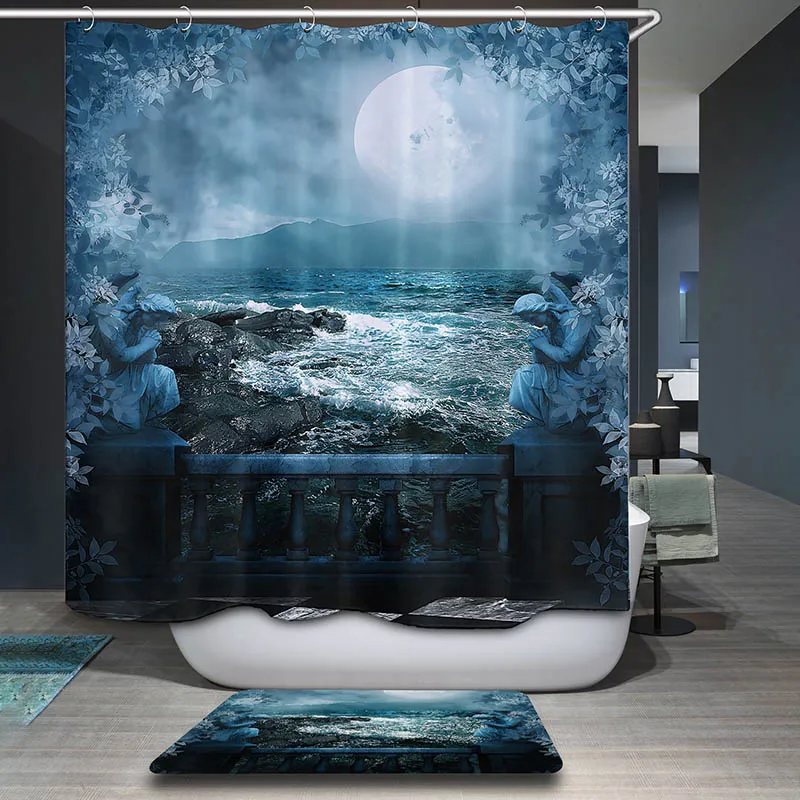 Monily Polyester Waterproof Cartoon Ocean Beach Scenic Shower Curtain