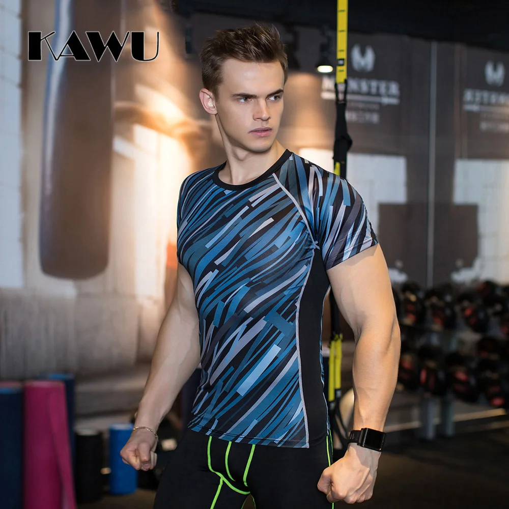 Kawu Print Quick Drying Sport Tshirt Men Tight Compression Elasticity