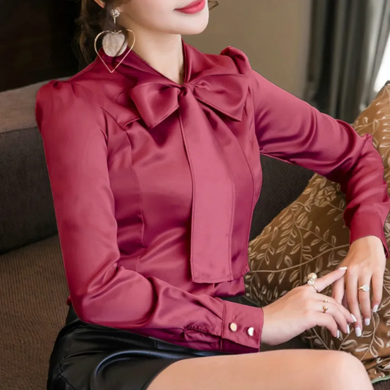 2018 Spring Long Sleeve V Neck Bow Tie Satin Shirts Women Office Work