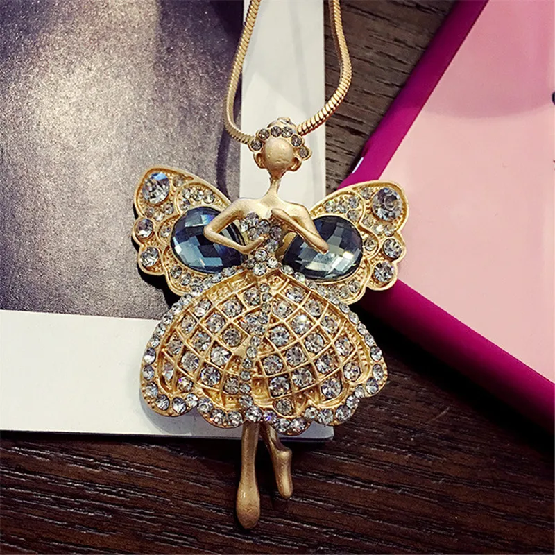 Elegant Angel Girl Crystal Pendant Necklaces for Women Gold plated Long ...
