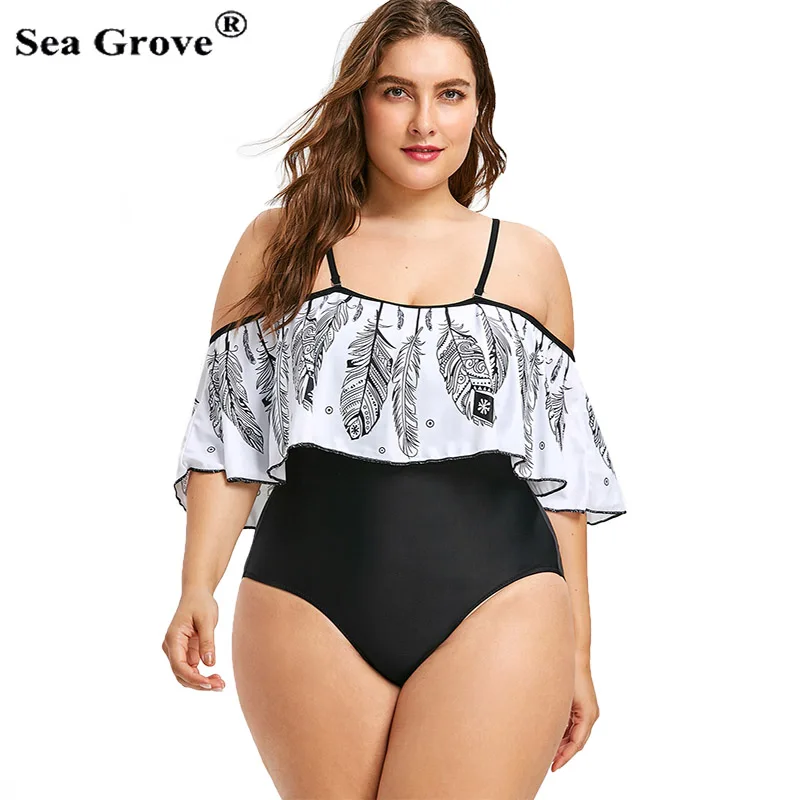 Plus Size Swimwear Bikini Women Feather Printed Strapless Swimsuit Open