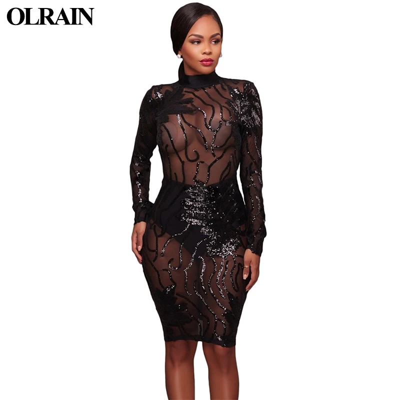 Olrain 2017 Autumn Women New Sexy Fashion Sequin Dress Black Backless
