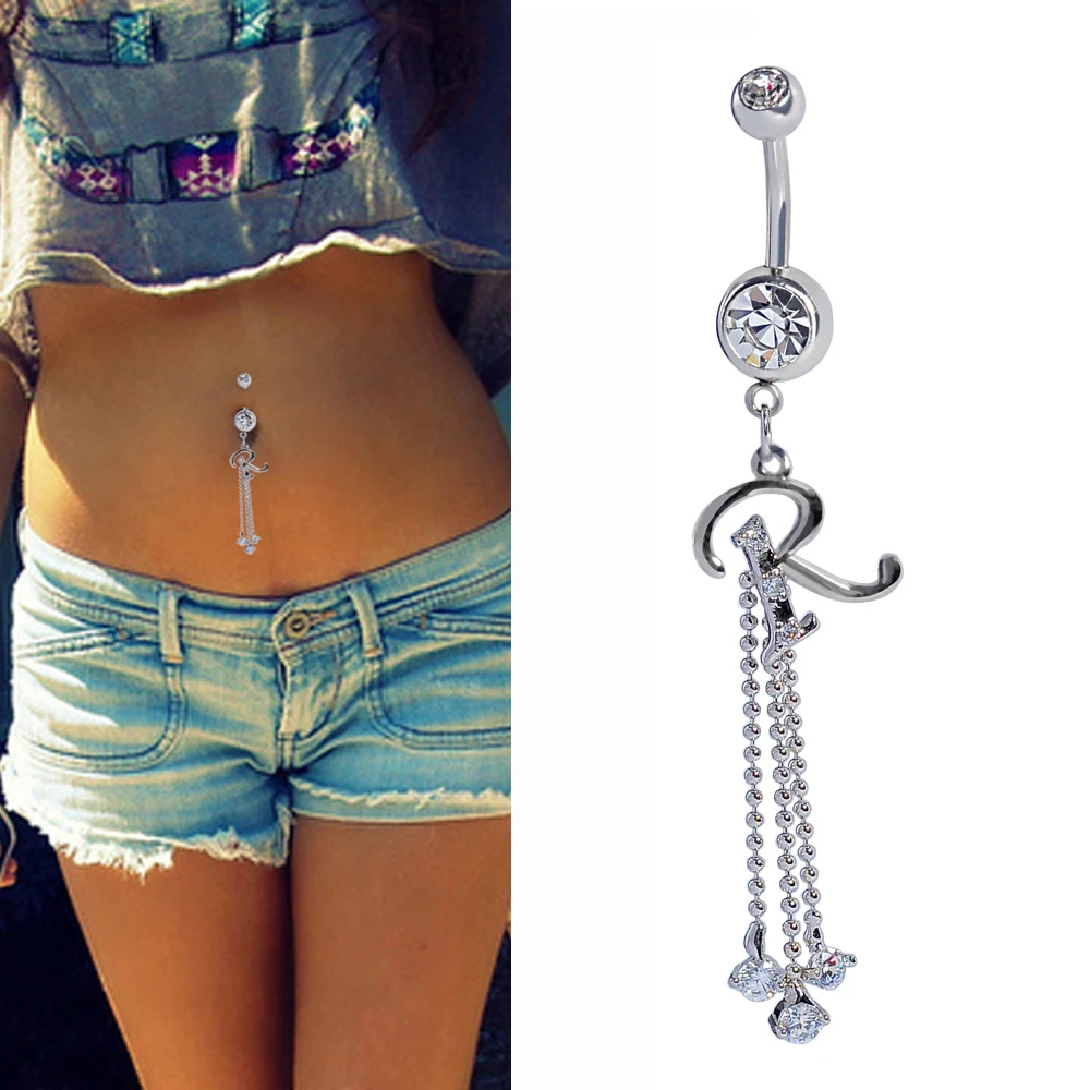 14G Cz Rhinestone Zircon R Alphabet Letter Crystal Long Dangle Belly