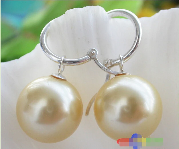 FREE shipping> >>> P2393 16MM YELLOW ROUND SHELL PEARL DANGLE EARRING ...