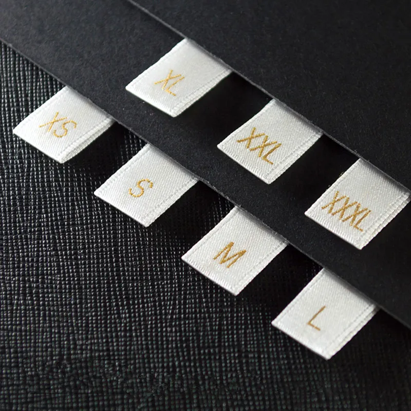 1000pcs White Satin Size Label Tags Gold Text With Cut And Folded Xs ...