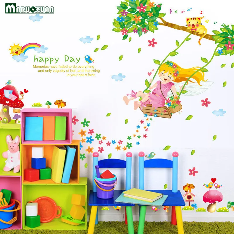 YunXi Cute People Swing Girls Stickers Bedroom Kids Room Living Room ...