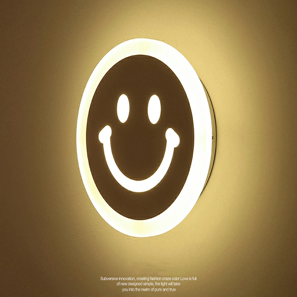 Creative LED Smile Face Wall Lamp Simple Kids Cartoon Bed Room Light ...